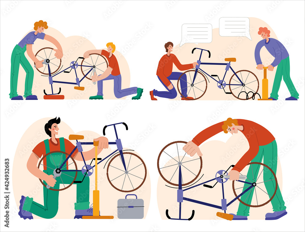 Bicycle repair. The mechanic repairs the bicycle, the mechanic inflates ...