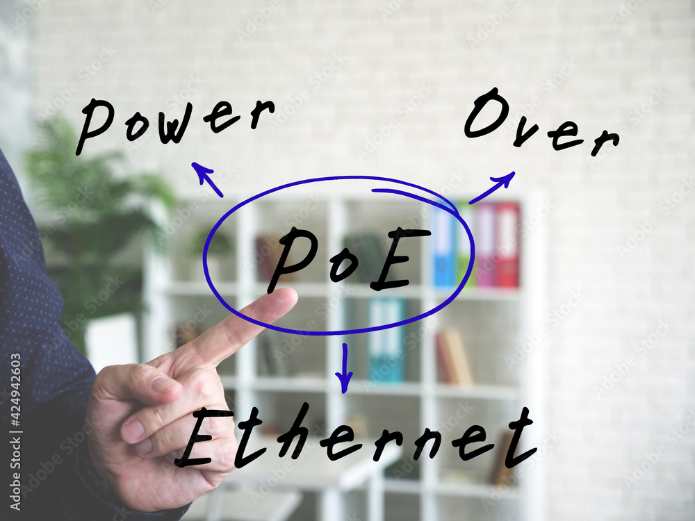 Conceptual photo about PoE Power Over Ethernet . Male's Pointing finger ...