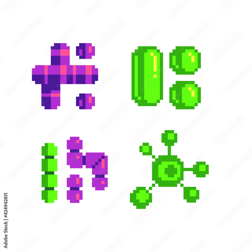 Bacteria pixel art icons set. Bacterium or microbe sign. Micro ...