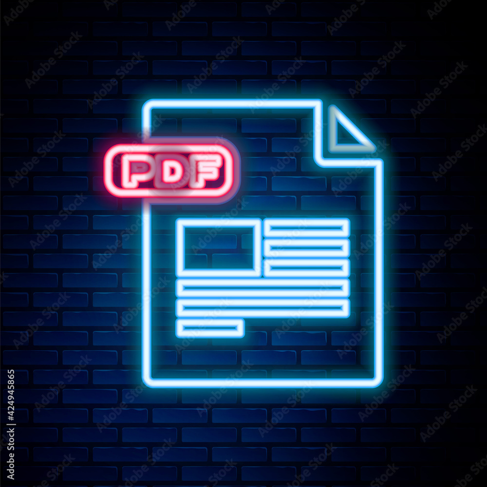 Glowing neon line PDF file document. Download pdf button icon isolated ...