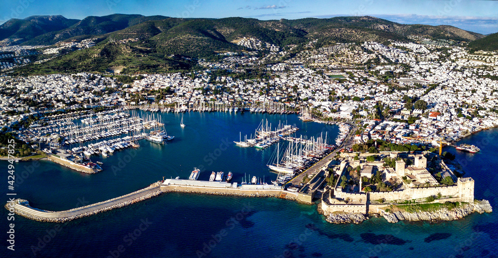 Amazing panoramic view from drone of Bodrum harbour and ancient Kalesi ...
