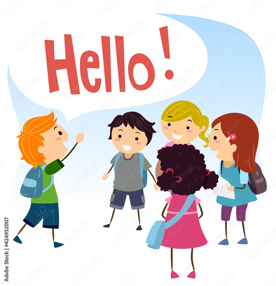 Stickman Kids Social Skills Say Hello Classmate Stock Vector | Adobe Stock