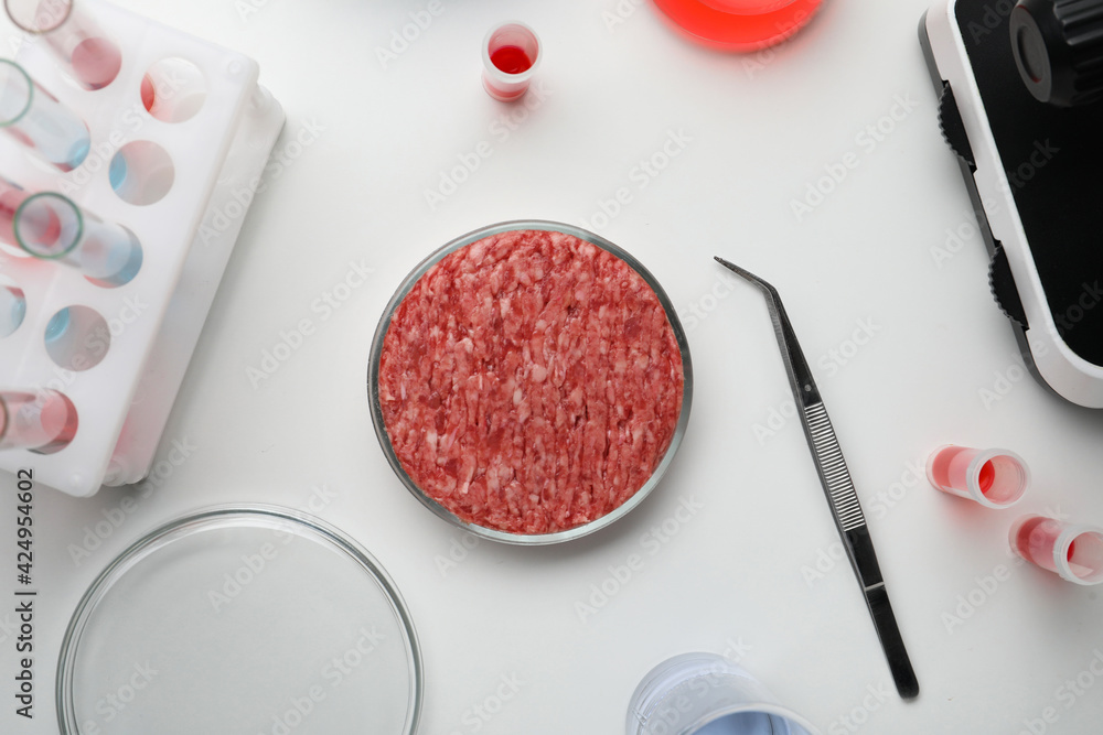 Sample of minced cultured meat on white lab table, flat lay Stock Photo ...