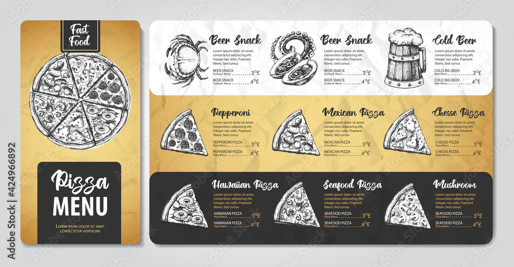Restaurant pizza menu design. Decorative sketch of pizza. Fast food ...