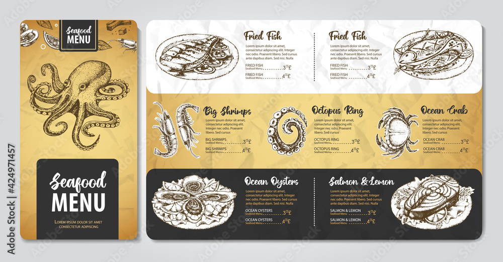 Restaurant seafood menu design. Decorative sketch of seafood. Fast food ...