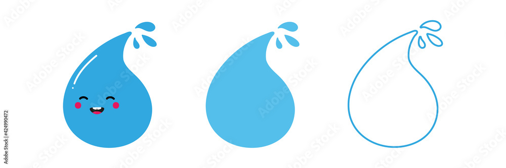 Set, collection of cute cartoon style water drop character and water ...
