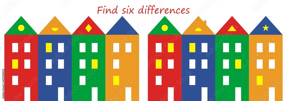Find six differences, game for children, color houses, vector Stock ...