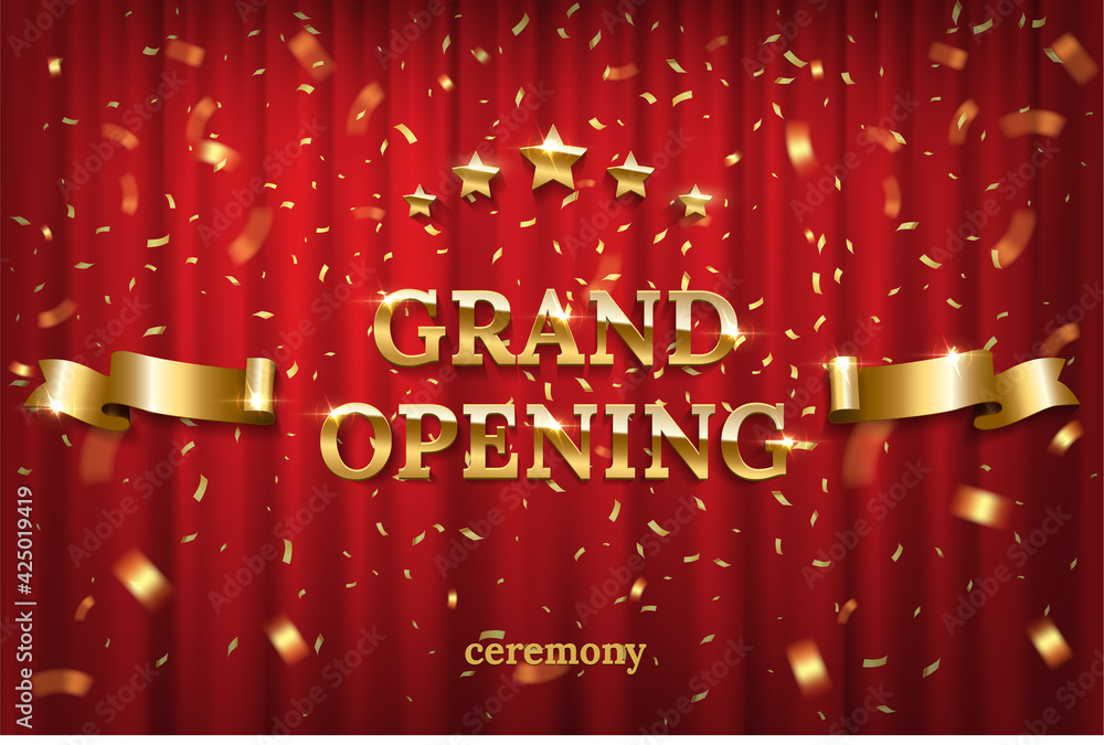 Grand opening on stage in spotlight with red curtain background ...
