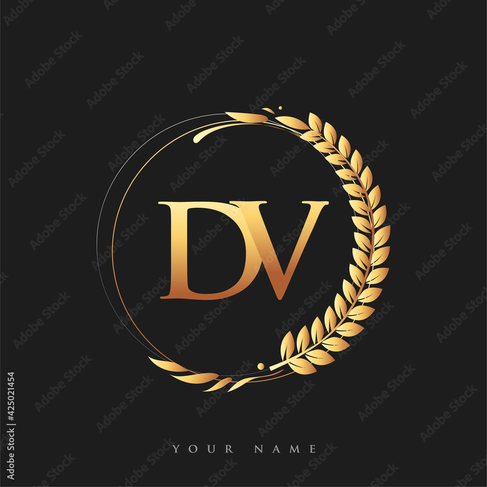 Initial logo letter DV with golden color with laurel and wreath, vector ...
