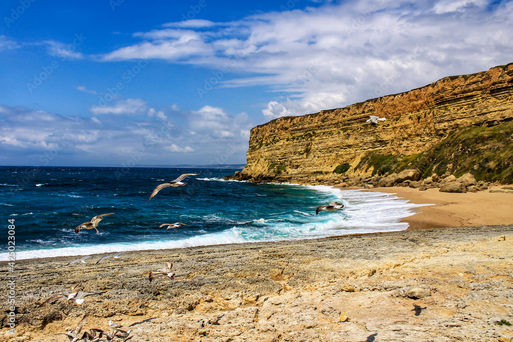 Crystal clear and wild waters in Praia da Foz, Sesimbra, Portugal Stock ...