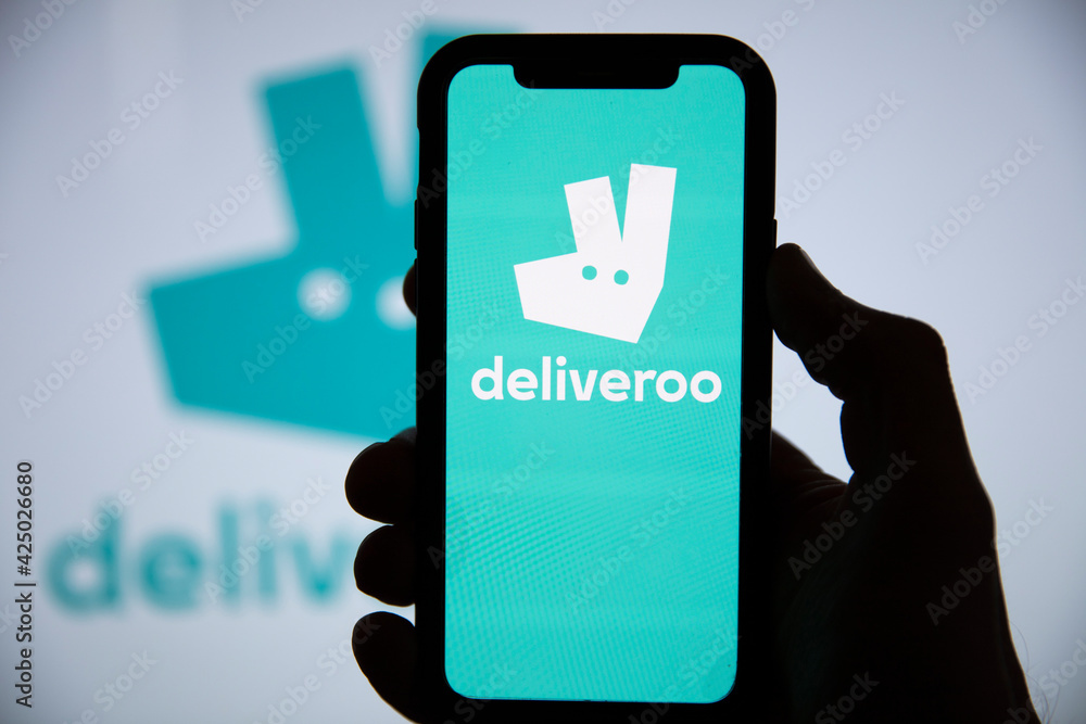 LONDON, UK - April 2021: Deliveroo takeaway delivery service logo on a ...