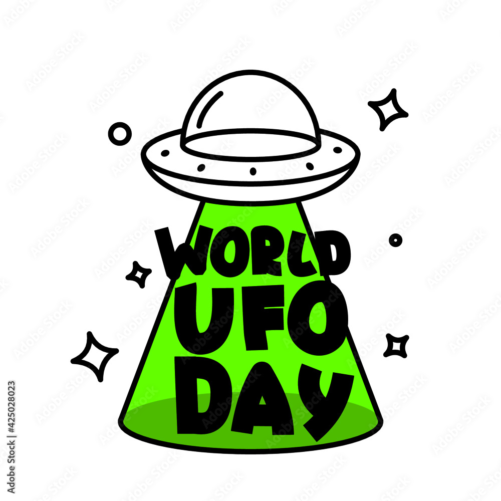 Vector ufo icon. Flying spaceship with green beam and text. World ufo ...