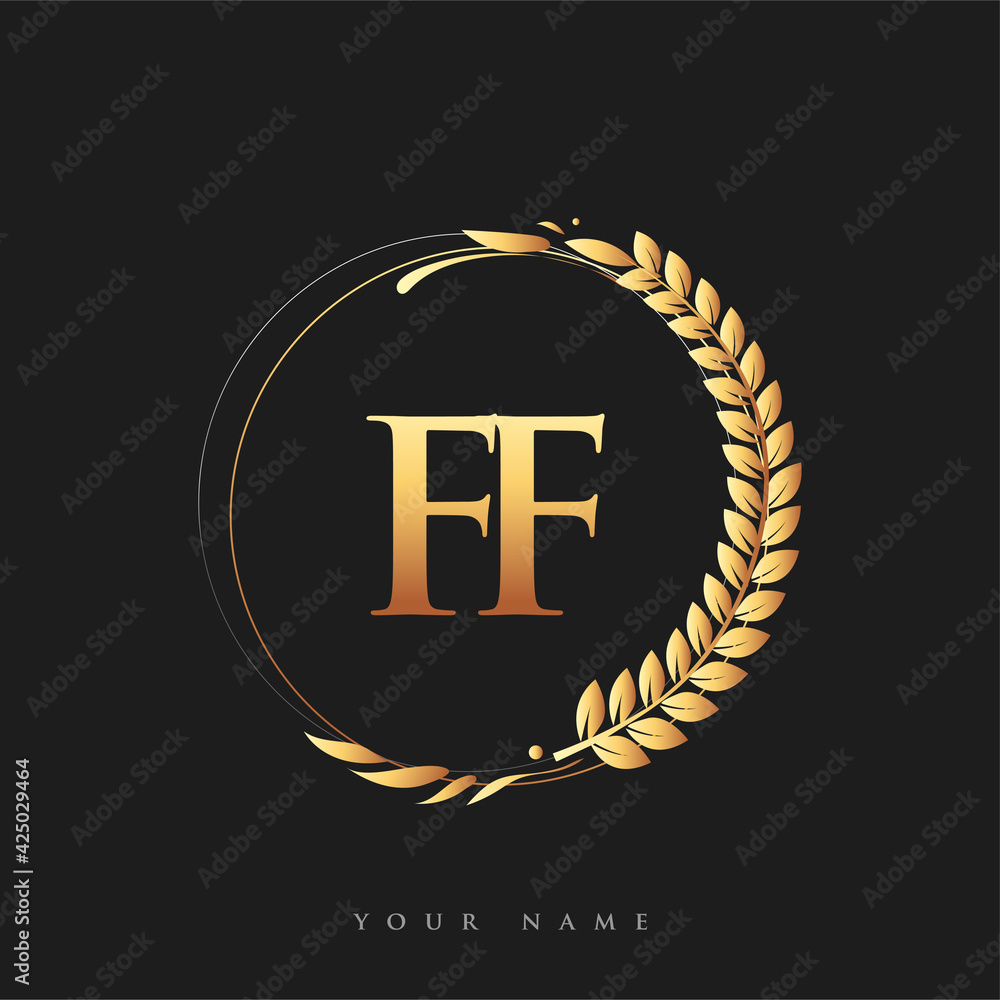 Initial logo letter FF with golden color with laurel and wreath, vector ...