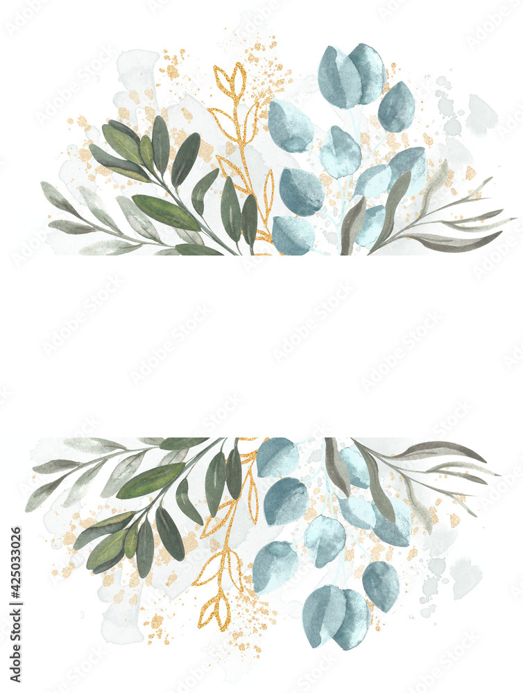watercolor and gold frame| foliage border | leaves border|wedding frame ...