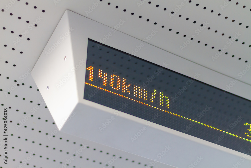 Scoreboard in a high-speed train with a train speed of 140 km h Stock ...