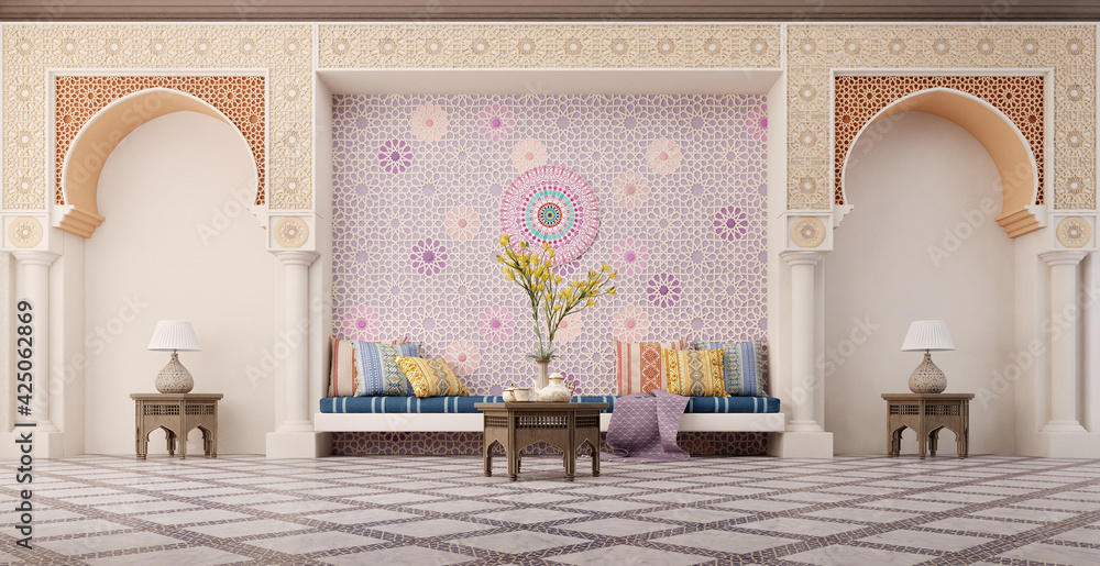 Arabic,Islamic style living room interior design with arch and arabic ...