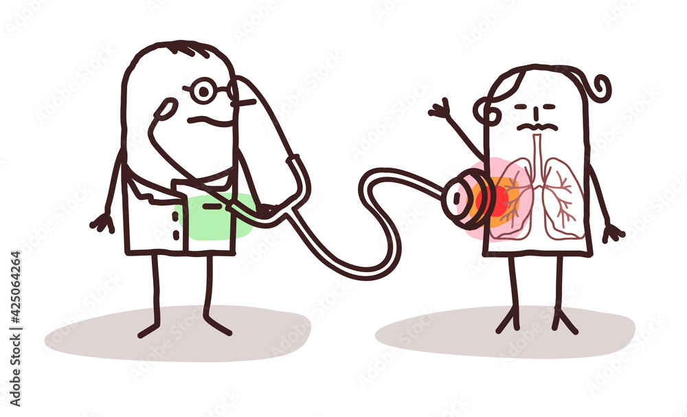 Cartoon Doctor using Stethoscope and Woman with Pulmonary problems ...