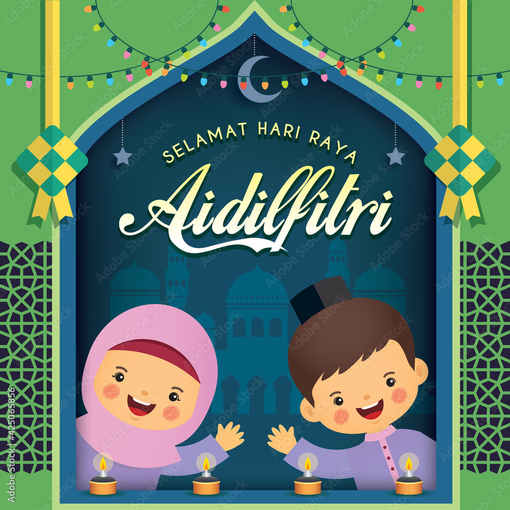 Hari Raya Aidilfitri greeting card. Cute cartoon muslim with colorful ...