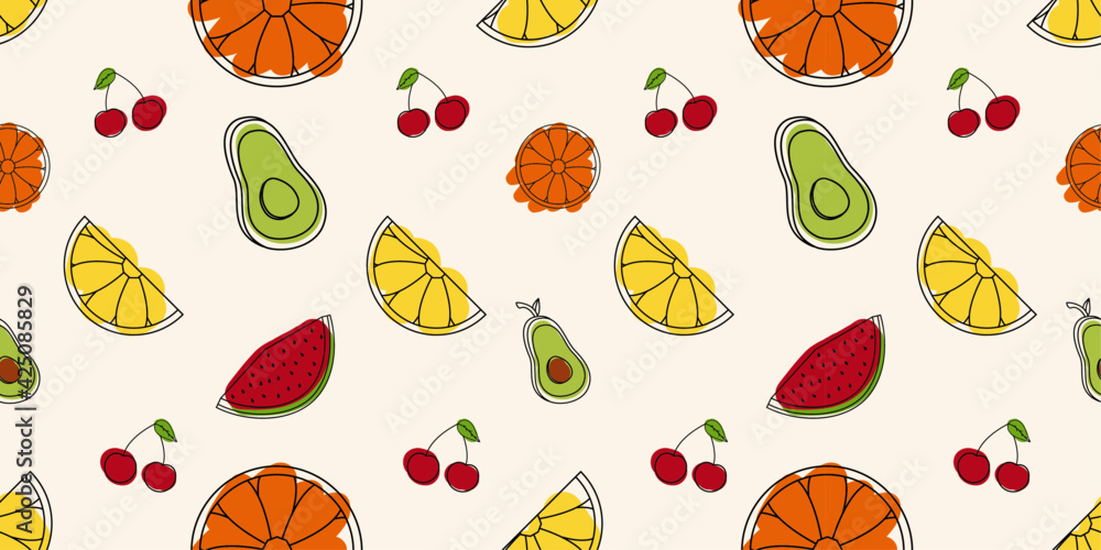 Seamless fruit pattern. Vector illustration with fruits and vegetable ...