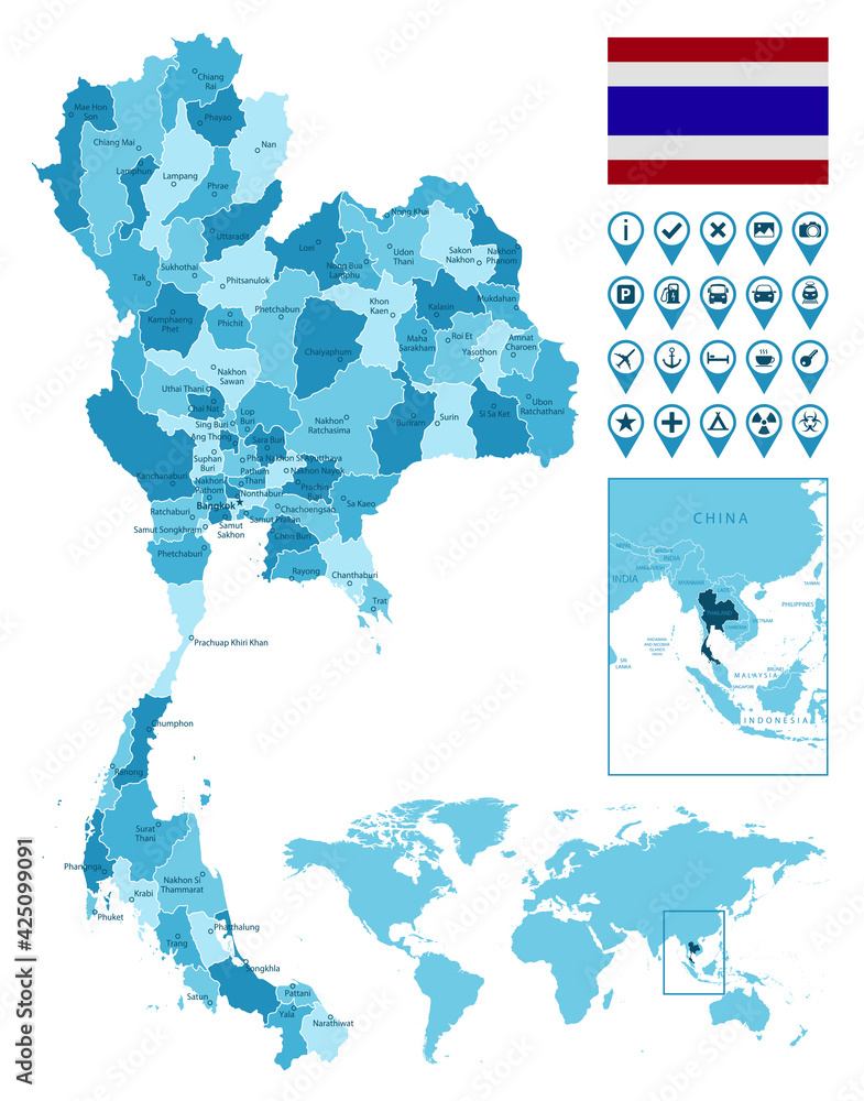 Thailand detailed administrative blue map with country flag and ...
