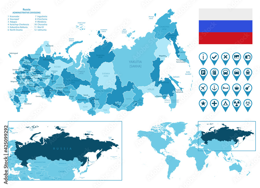 Russia detailed administrative blue map with country flag and location ...
