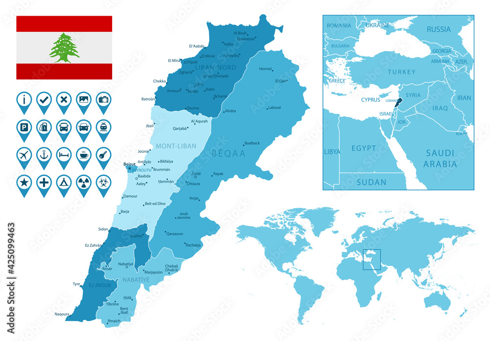 Lebanon detailed administrative blue map with country flag and location ...
