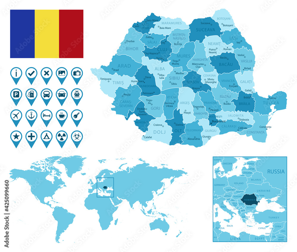 Romania detailed administrative blue map with country flag and location ...