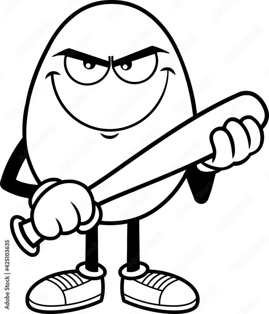 Outlined Angry Easter Egg Cartoon Character With Baseball Bat. Vector ...