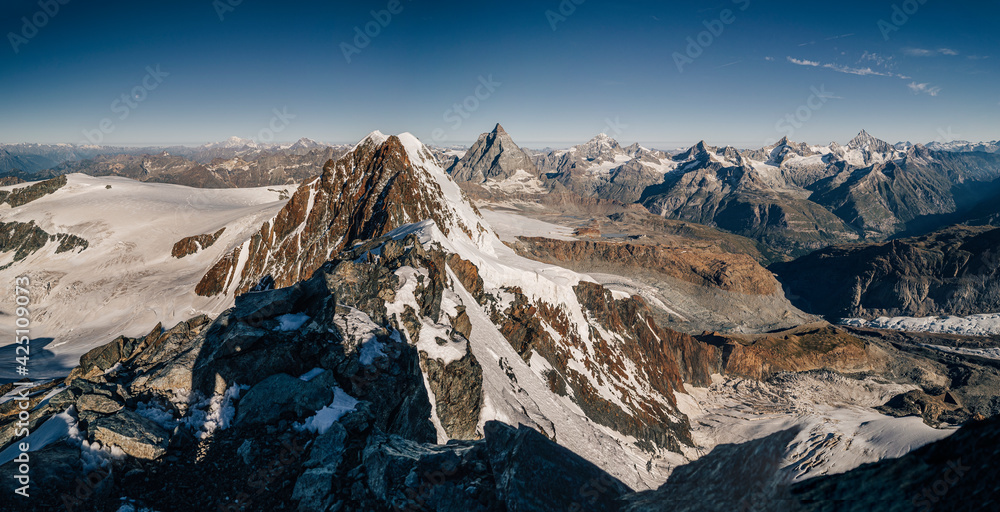 Panorama view of the Wallis alpine mountain landscape with famous peaks ...