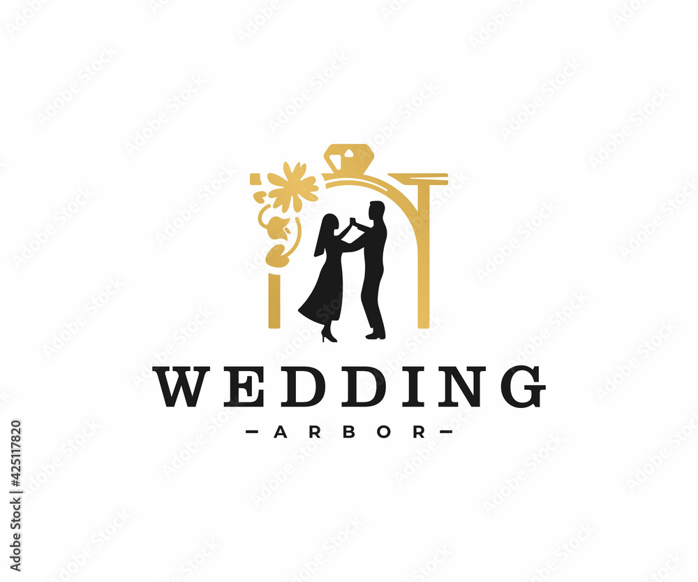 Wedding arbor decorations logo design. Romantic bride and groom dance ...
