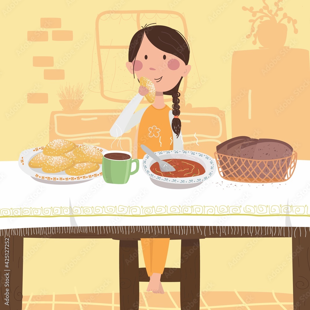 little girl eating a pie. the child is sitting at the table. Stock ...