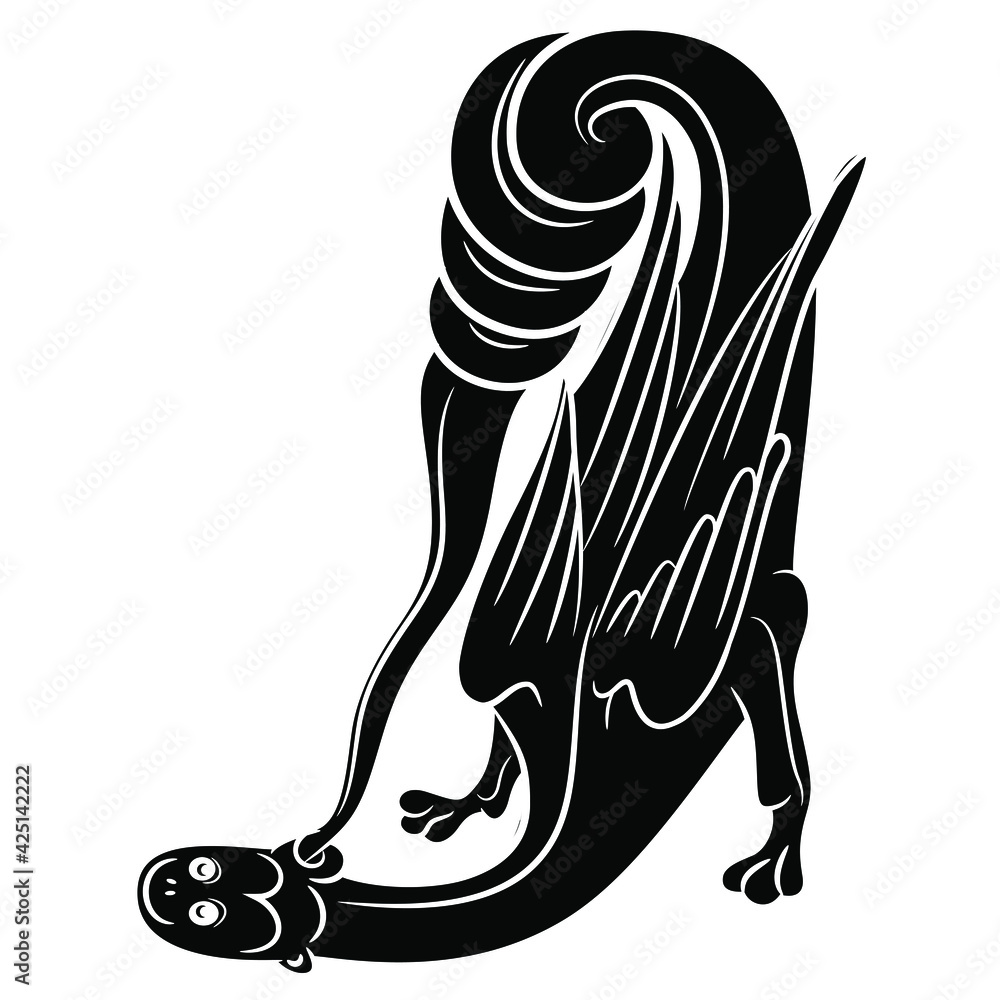 Funny medieval dragon. Winged serpent Aspid covering its ear with his ...