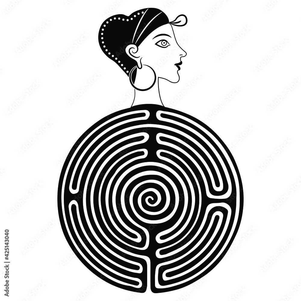 Ariadne. Spiral round maze or labyrinth and female head. Black and ...