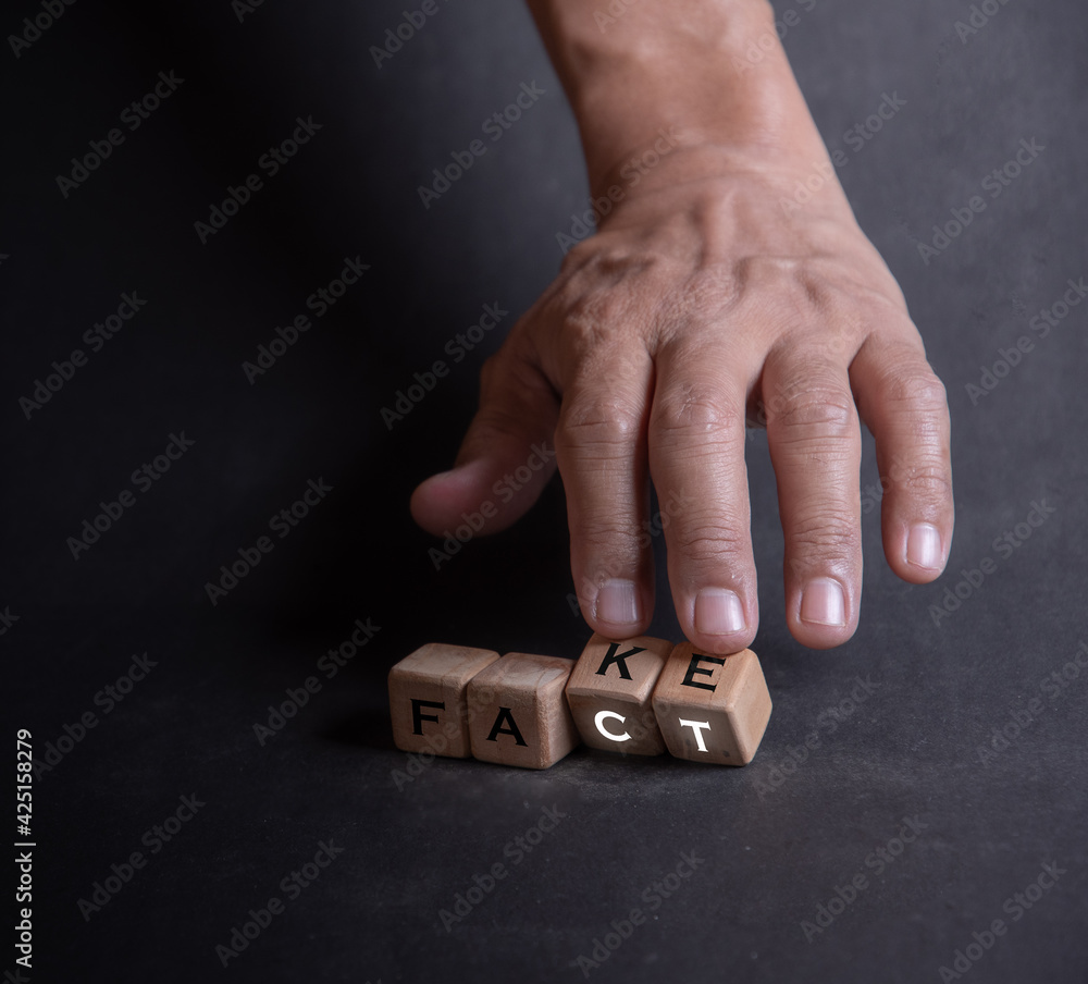 hand holding dice with text for illustration of "fact and fake" words ...