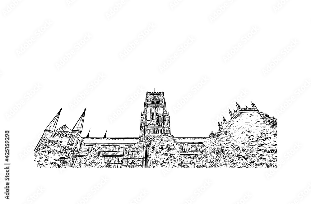 Building view with landmark of Durham is a city in North Carolina. Hand ...