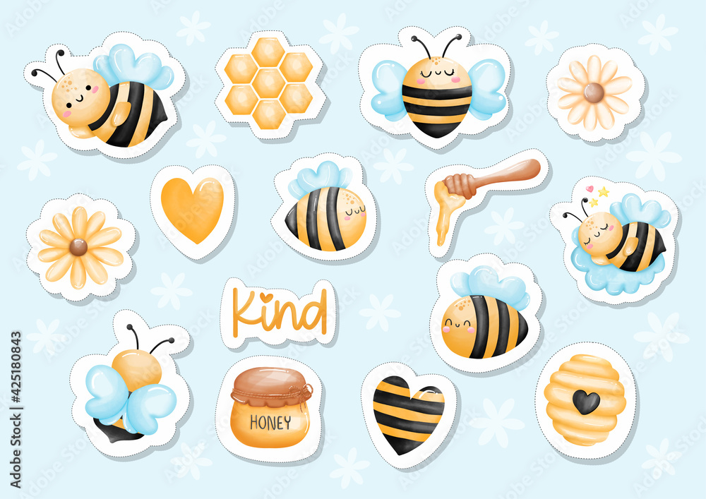 Watercolor Honey bee sticker, Digital paint vector illustration. Stock ...