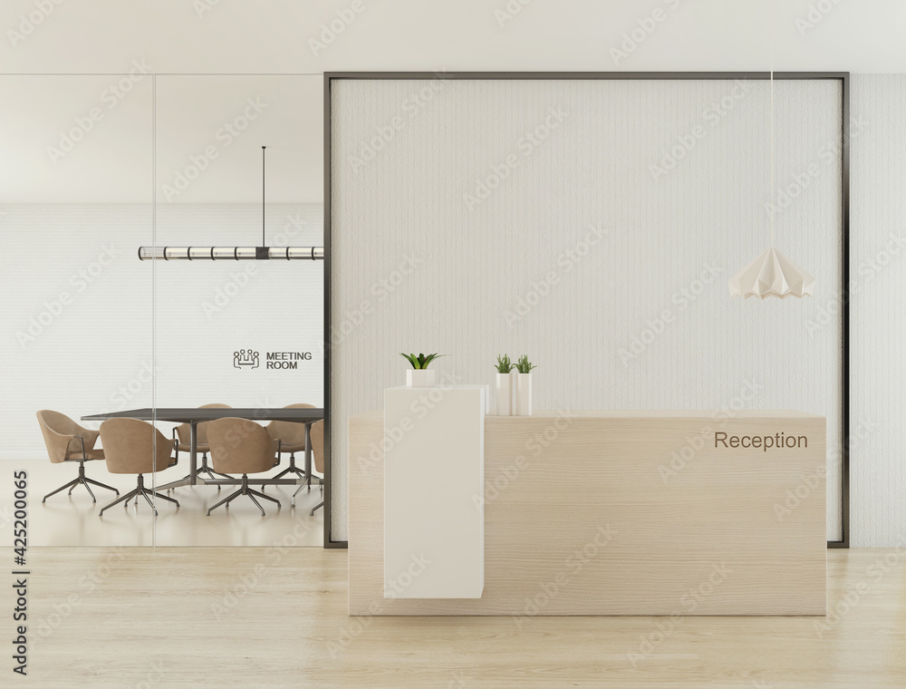 Reception with empty white wall for logo mock up design.Meeting room in ...