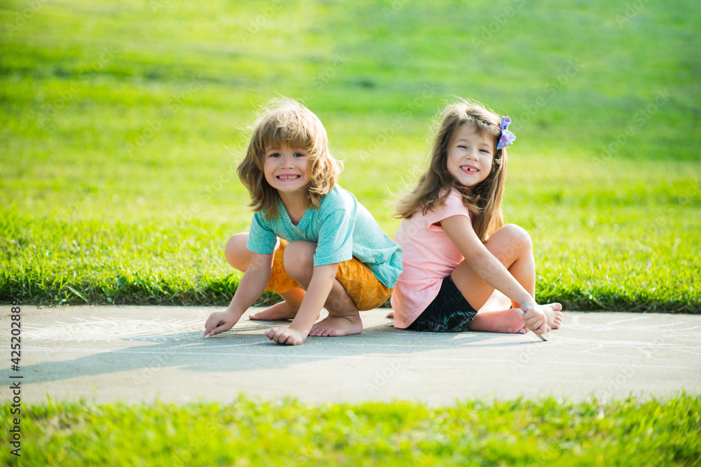 Kids adaptation. Couple of children playing outdoor. Boy and sad girl ...