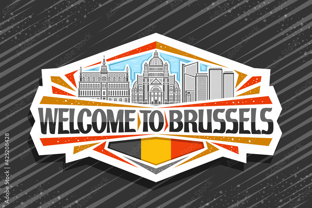 Vector logo for Brussels, white decorative tag with line illustration ...