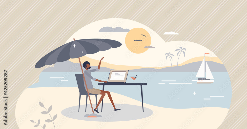 Workcation, work and vacation at remote leisure location tiny person ...