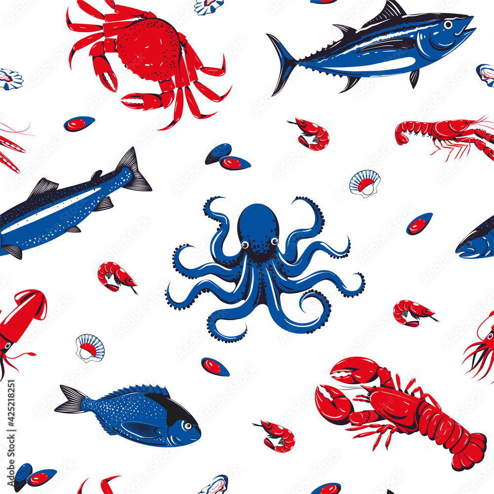 Seamless pattern with seafood in a tricolor range. Vector illustration ...