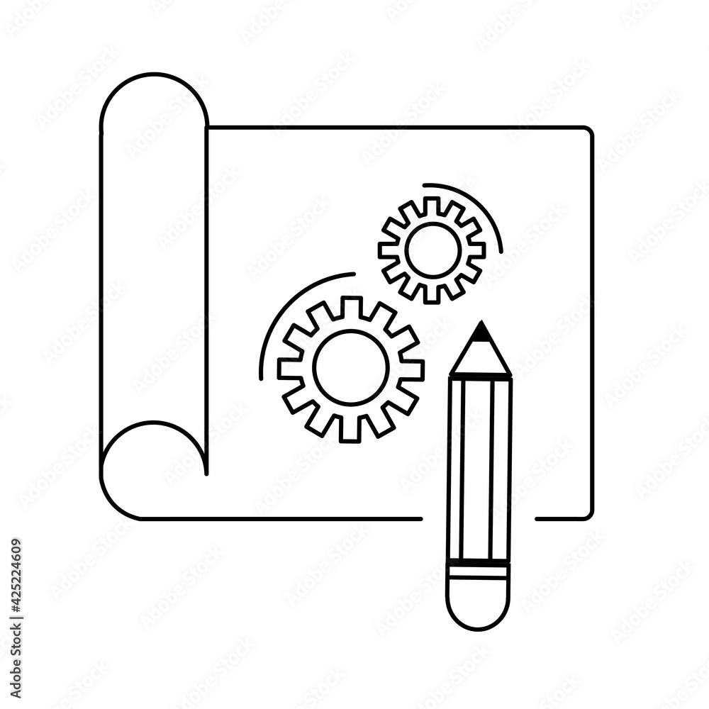 Isolated prototype icon has sketched pencil gears tool sign or symbol ...