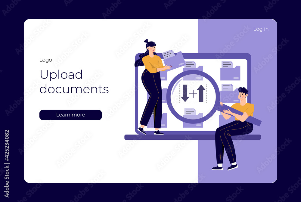 Woman earn money by uploading documents to the cloud. Man holding big ...