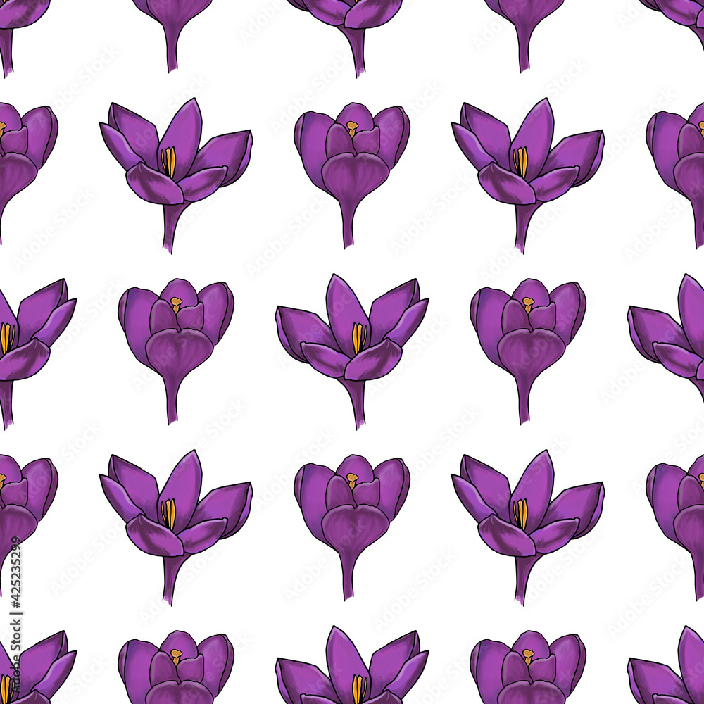 Seamless pattern with crocus illustration on white background, great ...
