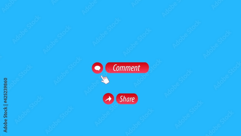 Dynamic buttons for youtube like, comment, share. Animation on a blue and empty background ...