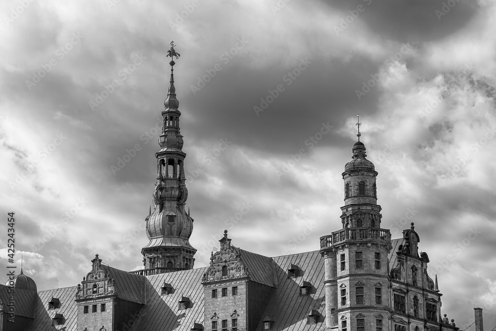 Helsingor. Denmark. 26 July. Towers of Kronborg Castle. Black and white ...