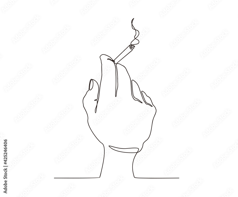 Continuous line drawing of hand holding cigarette smoke floating in the ...