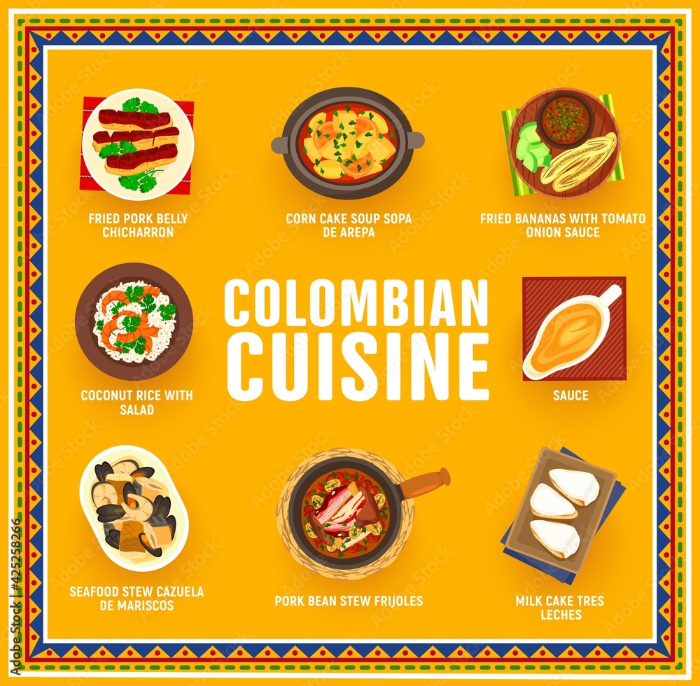 Colombian cuisine vector fried bananas with tomato onion sauce, pork ...