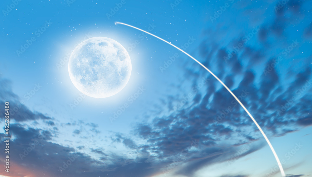 Long Exposure Night Time Rocket Launch - Night sky with blue moon in ...