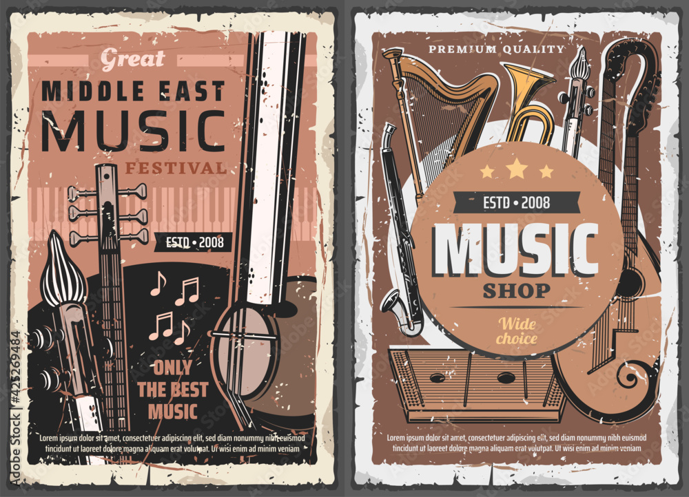 Vetor de Music shop, middle east music, vector vintage instruments ...